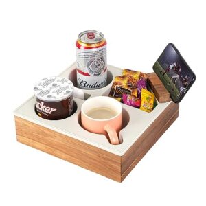 couch cup holder tray, hitseon handy soft silicone acacia wooden couch caddy for bed car seat beach organizer, waterproof anti-spill sofa cup holder for snacks beverage remote (white)