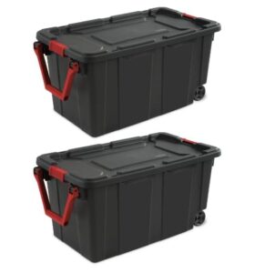 set of 2 black 40 gallon industrial tote plastic bins with wheels - convenient storage solution