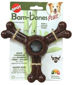 spot bam-bones plus triple chew - bamboo fiber & nylon, durable long lasting dog toy for aggressive chewers – great for adult dogs & teething puppies under 90lbs, non-splintering, 7in, bison flavor