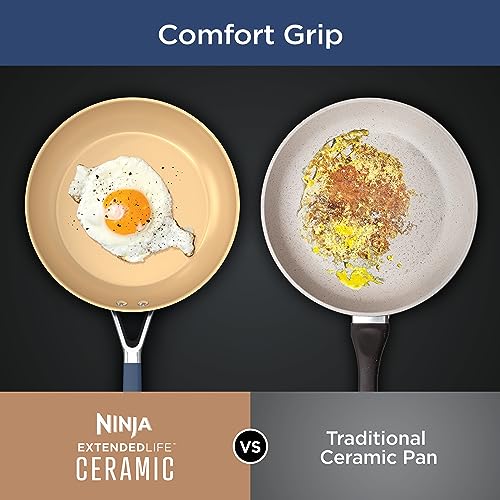 Ninja Extended Life Ceramic 10.25" Fry Pan with Comfort Grip, Nonstick Fry Pans, Pots, PTFE Free, Healthy Cooking, Oven Safe, Dishwasher Safe, All Stovetops & Induction Compatible, Navy Blue, CW40026