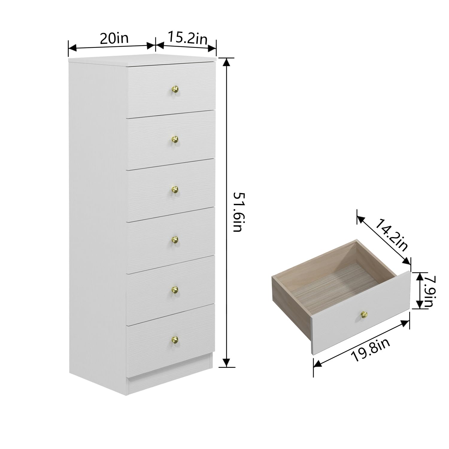 Modern 6 Drawer Vertical Dresser, Wood Tall Chest of Drawers N Arrow Storage Organizer with Wide Drawers & Metal Gold Handles for Bedroom, Living Room, Office, Hallway, Entryway (White)