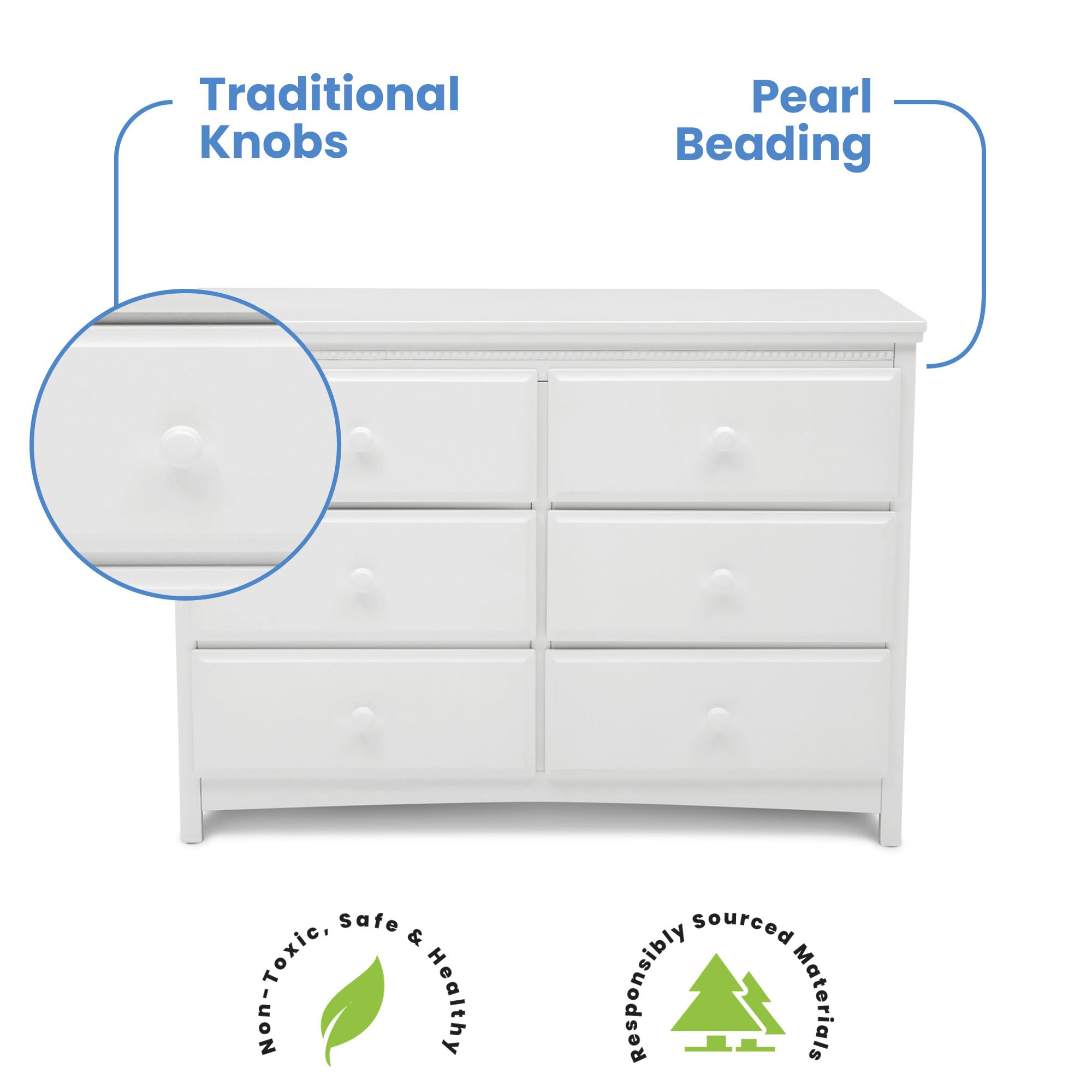 Delta Children Emerson 6 Drawer Dresser with Interlocking Drawers - Greenguard Gold Certified, Bianca White