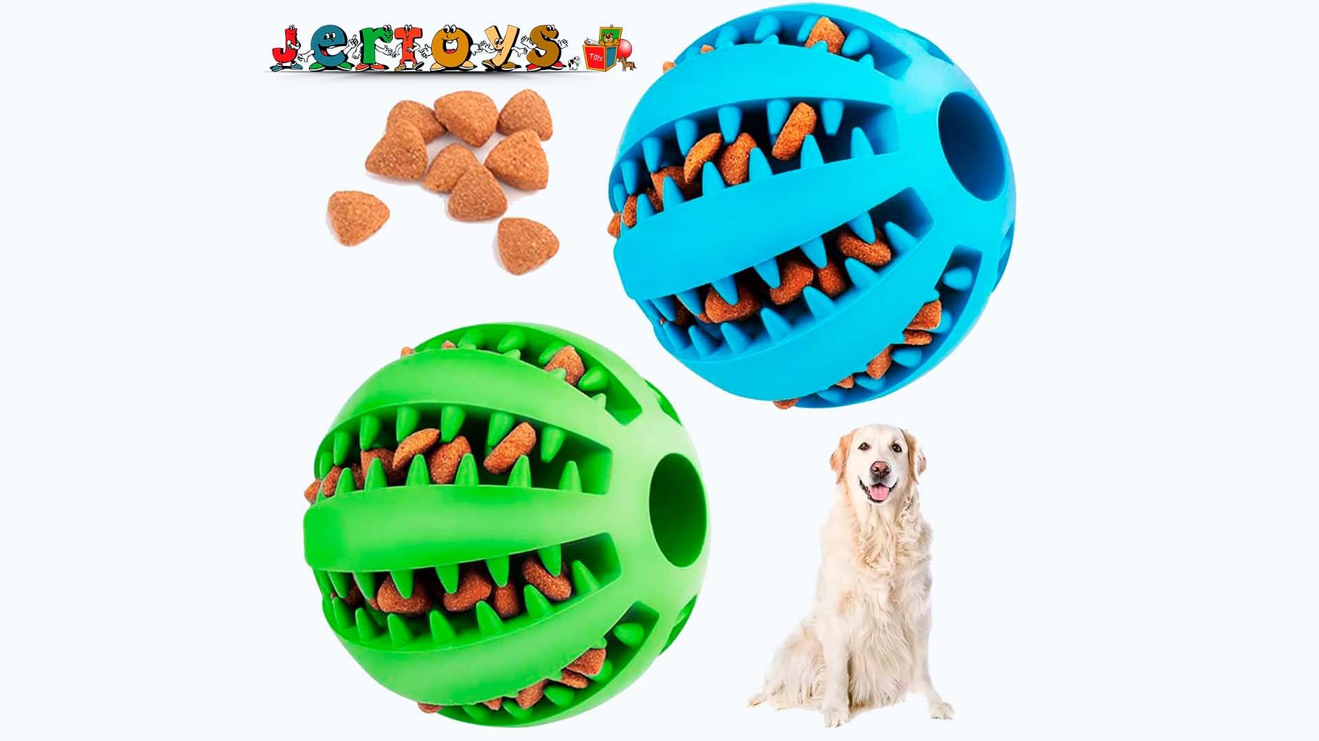 Jertoys Juguetes, Pelota para Perros Indestructible. Bola masticable resistente a las mordeduras con comedero en sus ranuras Ideal para la limpieza de dientes y entretemiento de sus mascotas (Blue)