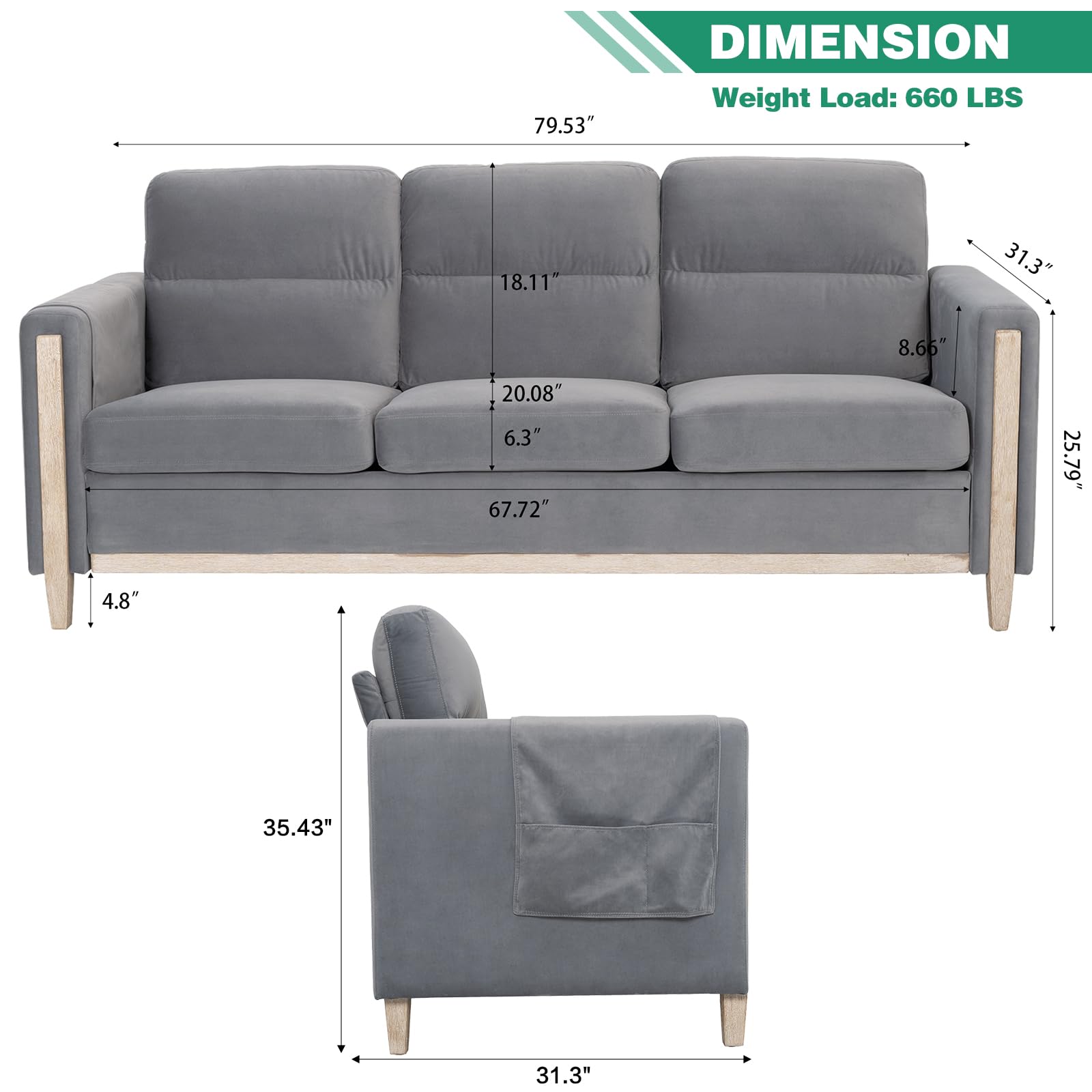 Dvasovio 79.5" Velvet Sofa Couch, Comfortable Solid Wood Frame 3-Seater Sofa, Soft Cushions, Durable and Long-Lasting, Sofa Couch for Living Room (Grey)