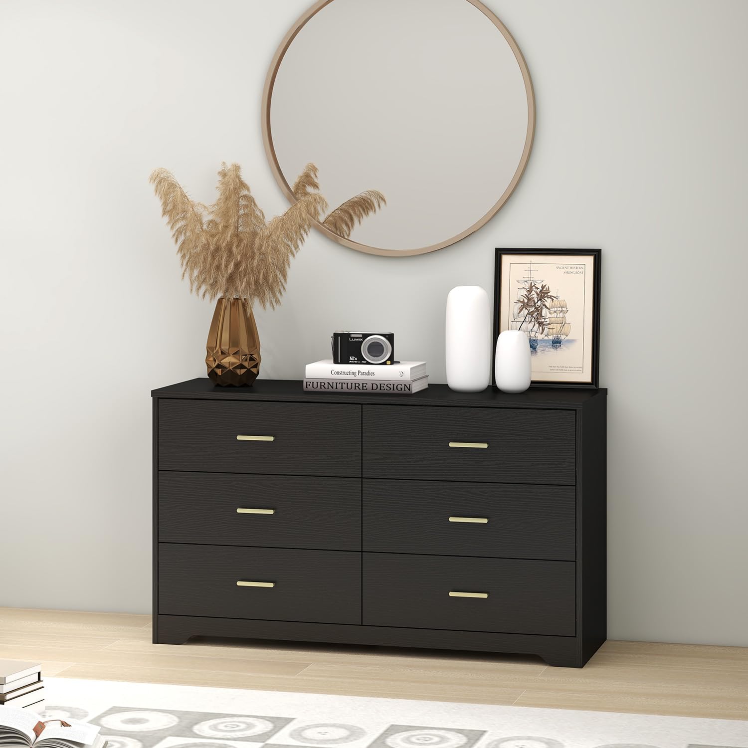 Modern 6 Drawer Wood Dresser, Wood Lateral Chest of Drawers Storage Organizer with Wide Drawers & Metal Gold Handles for Bedroom, Living Room, Hallway, Entryway