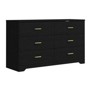 modern 6 drawer wood dresser, wood lateral chest of drawers storage organizer with wide drawers & metal gold handles for bedroom, living room, hallway, entryway