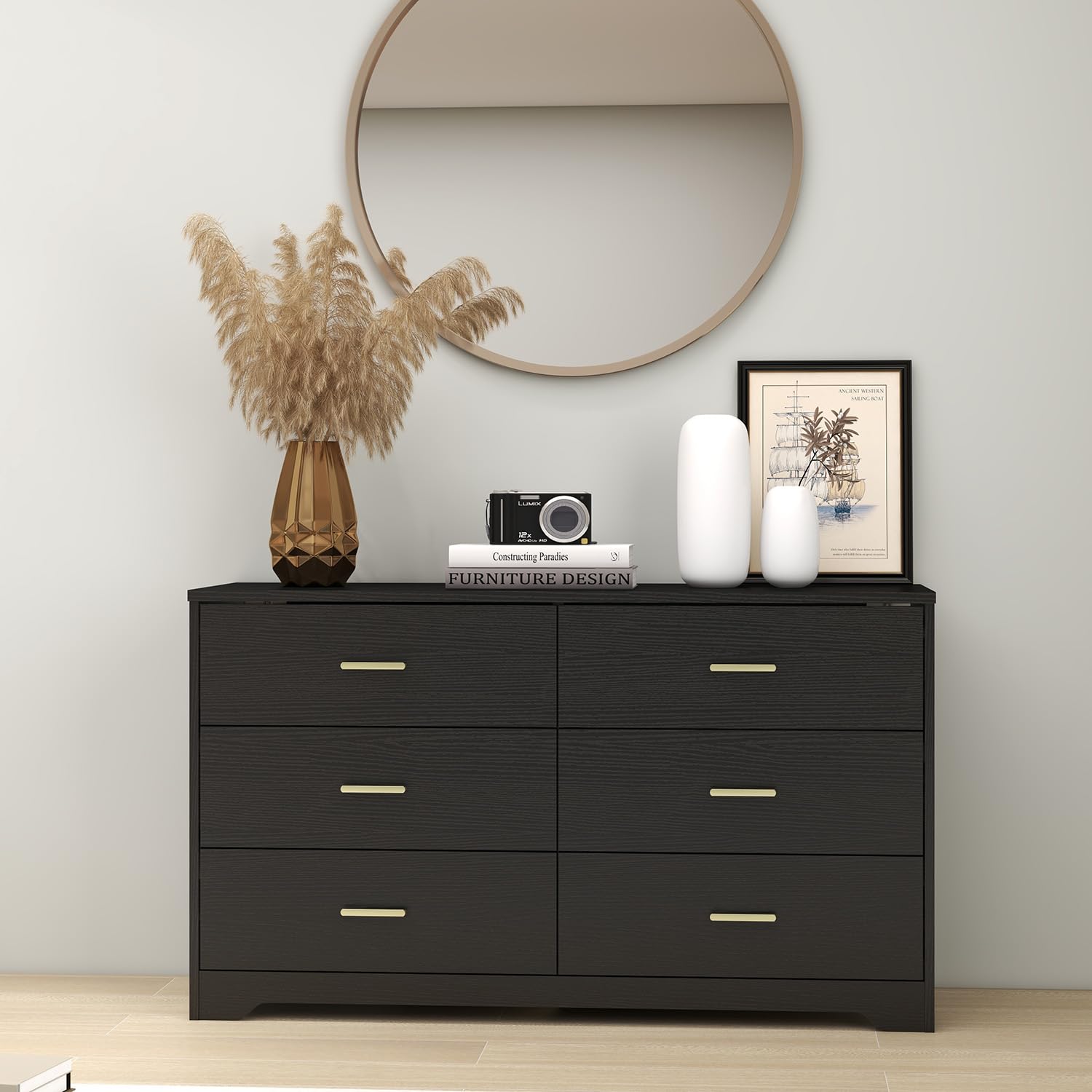 Modern 6 Drawer Wood Dresser, Wood Lateral Chest of Drawers Storage Organizer with Wide Drawers & Metal Gold Handles for Bedroom, Living Room, Hallway, Entryway