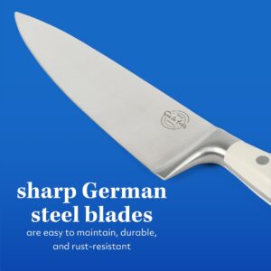 Sur La Table Kitchen Essentials 5 Piece German Steel Blade w/Triple Riveted Handle Set on Beechwood Magnetic Block - Linen White