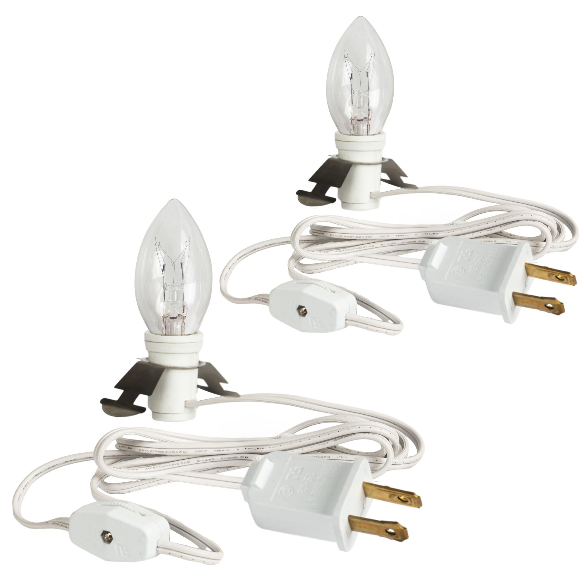 Dazzle Bright 2 Pack 6 FT Accessory Cord with Incandescent Light Bulb E12 Socket White Cord with On/Off Switch Plug, C7 Candelabra Light Bulbs for Holiday Decorations, Christmas Village House