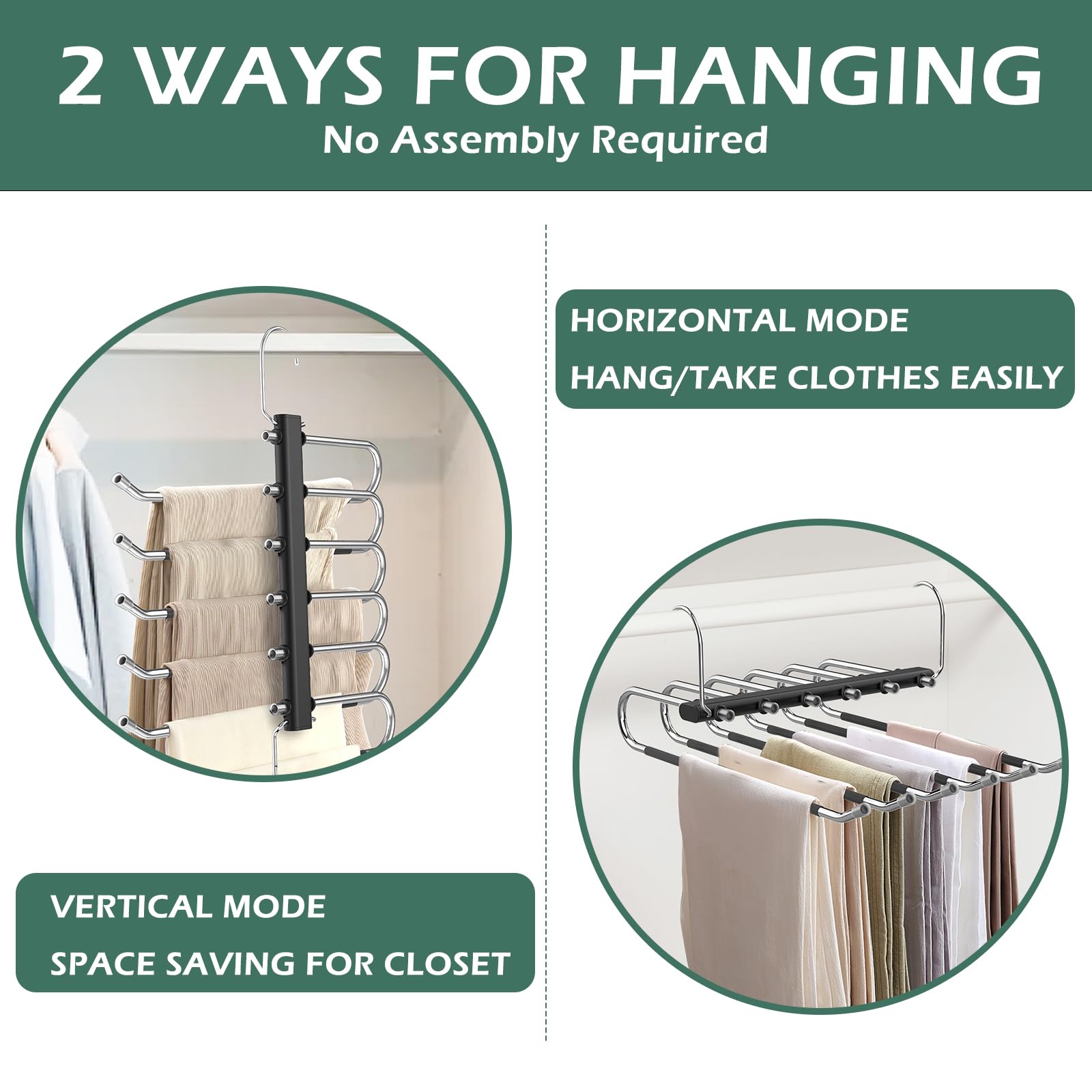 DOIOWN Pants Hangers Space Saving: 2 Pack 6 Tier Open Ended Pants Hangers for Men Women, Non Slip Black Hangers for Pants, Jean, Trouser, Scarf, Multiple Hangers in One, Closet Organizers and Storage