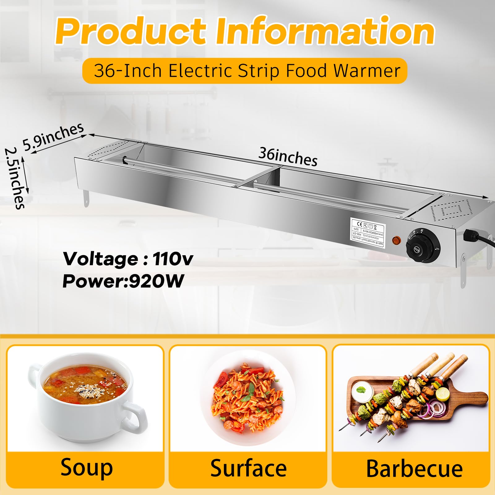 VIHOSE 36 Inches Food Strip Heater Electric Restaurant Food Heat Lamp 920w, 110v Temperature Adjustable Strip Warmer Food Heat Light for Food Warming Service Buffet Catering Commercial Kitchen