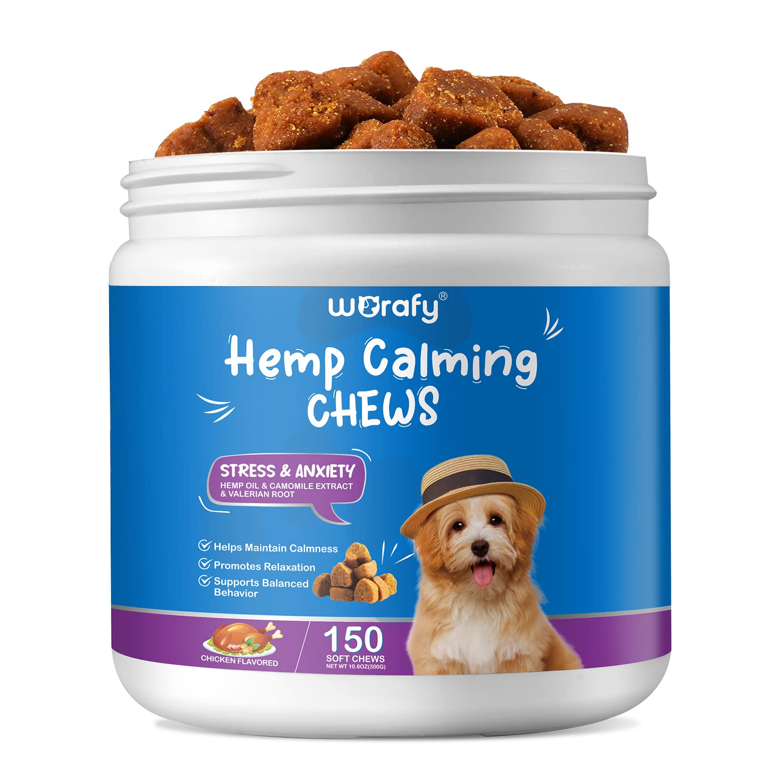 Hemp Calming Chews for Dogs, 150 Soft Dog Calming Treats, Dog Calming Treats with Hemp Oil, Dog Anxiety Relief, Storms, Separation, Barking, Stress Relief for All Breeds & Sizes - Chicken Flavored