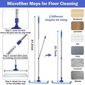 Uiifan 2 Set 18" Microfiber Mop Floor Cleaning System, Flat Mop for Hardwood Floors Commercial Mop Bulk Wet and Dust Mop with Extendable Handle, Reusable Mop Pads, Household Cleaning Tools