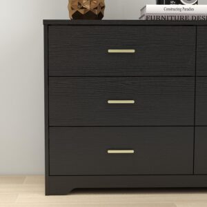 Modern 6 Drawer Wood Dresser, Wood Lateral Chest of Drawers Storage Organizer with Wide Drawers & Metal Gold Handles for Bedroom, Living Room, Hallway, Entryway