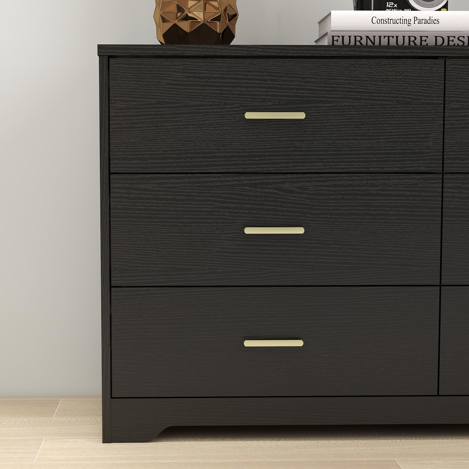 Modern 6 Drawer Wood Dresser, Wood Lateral Chest of Drawers Storage Organizer with Wide Drawers & Metal Gold Handles for Bedroom, Living Room, Hallway, Entryway