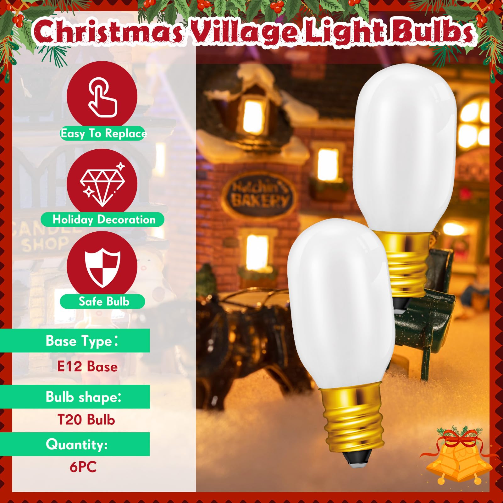 Retisee Christmas Village Light Bulbs, 0.7W 120V Christmas Village Replacement Light Bulbs, E12 Base T20 LED Night Bulbs Accessory for Christmas House Replacement Bulbs Accessories (6 Pcs)