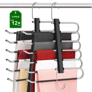 DOIOWN Pants Hangers Space Saving: 2 Pack 6 Tier Open Ended Pants Hangers for Men Women, Non Slip Black Hangers for Pants, Jean, Trouser, Scarf, Multiple Hangers in One, Closet Organizers and Storage