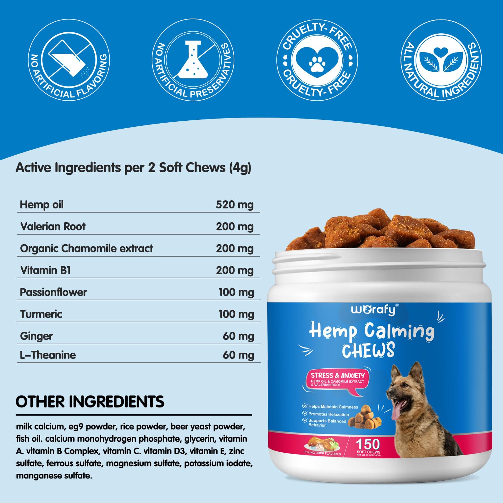 Hemp Calming Chews for Dogs, 150 Soft Dog Calming Treats, Dog Calming Treats with Hemp Oil, Dog Anxiety Relief, Separation, Barking, Stress Relief for Dog - Peking Duck Flavored