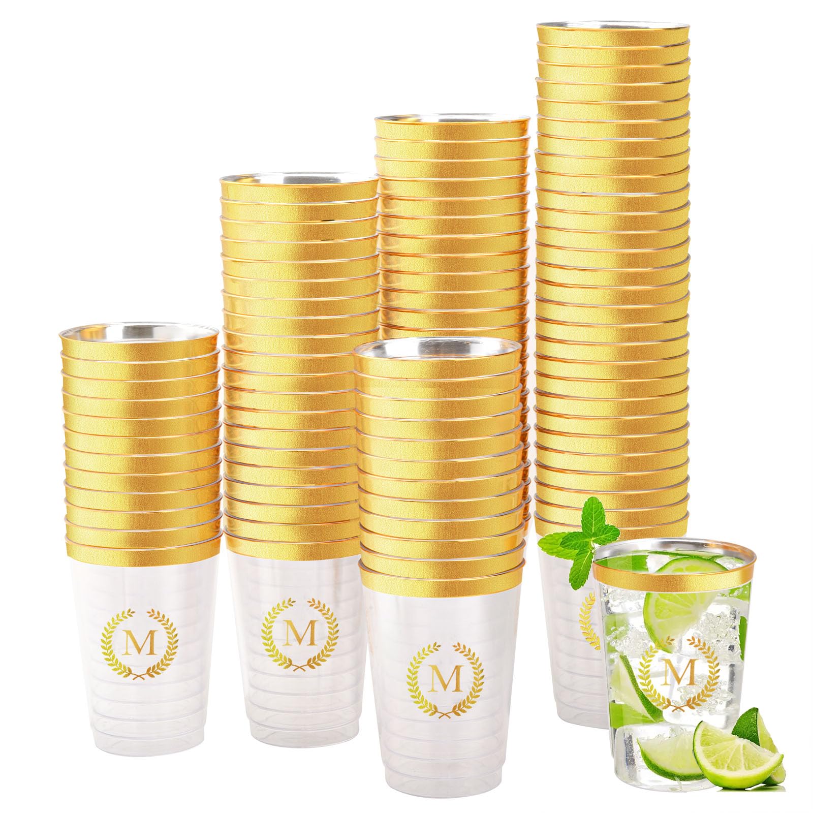 Datyiiha 100 Pieces Monogrammed Plastic Cups Gold Foil Letter M Disposable Cups 12 oz Clear Initial Party Cups for Wedding Birthday Baby Shower Personalized Party Drinkware