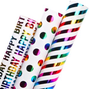 ribbli birthday wrapping paper iridescent gift wrapping paper mini roll, 3 rolls happy birthday polka dots stripes printed assortment - 17 inch x 120 inch(10feet) per roll