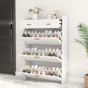 oduwa shoe storage cabinet with 3 flip drawers and 2 storage drawers,easy to store 18-25 pairs of shoes,white wood shoe storage cabinet for entryway,hallway,pvc door with shape