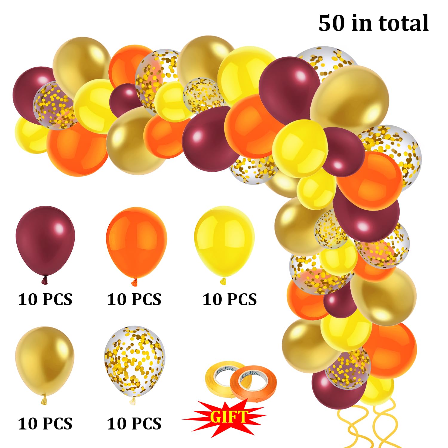 PheiLa 50 Pcs 12 Inch Fall Balloons Fall Birthday Party Decorations Burgundy Orange Yellow Gold Confetti Balloons for Autumn Theme Bridal Shower Thanksgiving Wedding Engagement Party Decoration