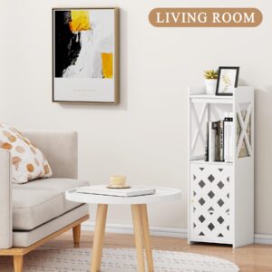 BYFU Bathroom Storage Cabinet, White Bathroom Floor Cabinet Freestanding Organizer with Door and Open Shelf for Kitchen Living Room Narrow Space