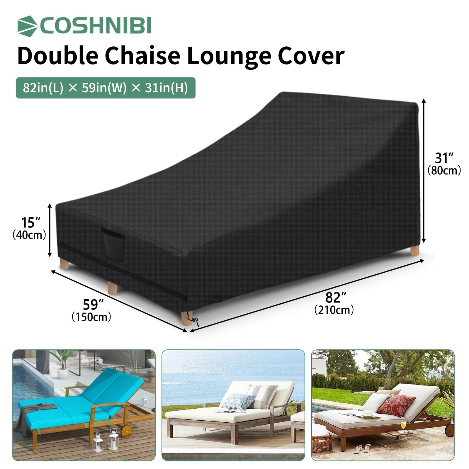 COSHNIBI Double Chaise Lounge Cover,600D Outdoor Waterproof Patio Double Wide Chaise Lounge Chair Cover, for 82 L x 59 W x 32 H Double Recliner, Black