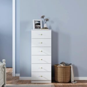 Modern 6 Drawer Vertical Dresser, Wood Tall Chest of Drawers N Arrow Storage Organizer with Wide Drawers & Metal Gold Handles for Bedroom, Living Room, Office, Hallway, Entryway (White)