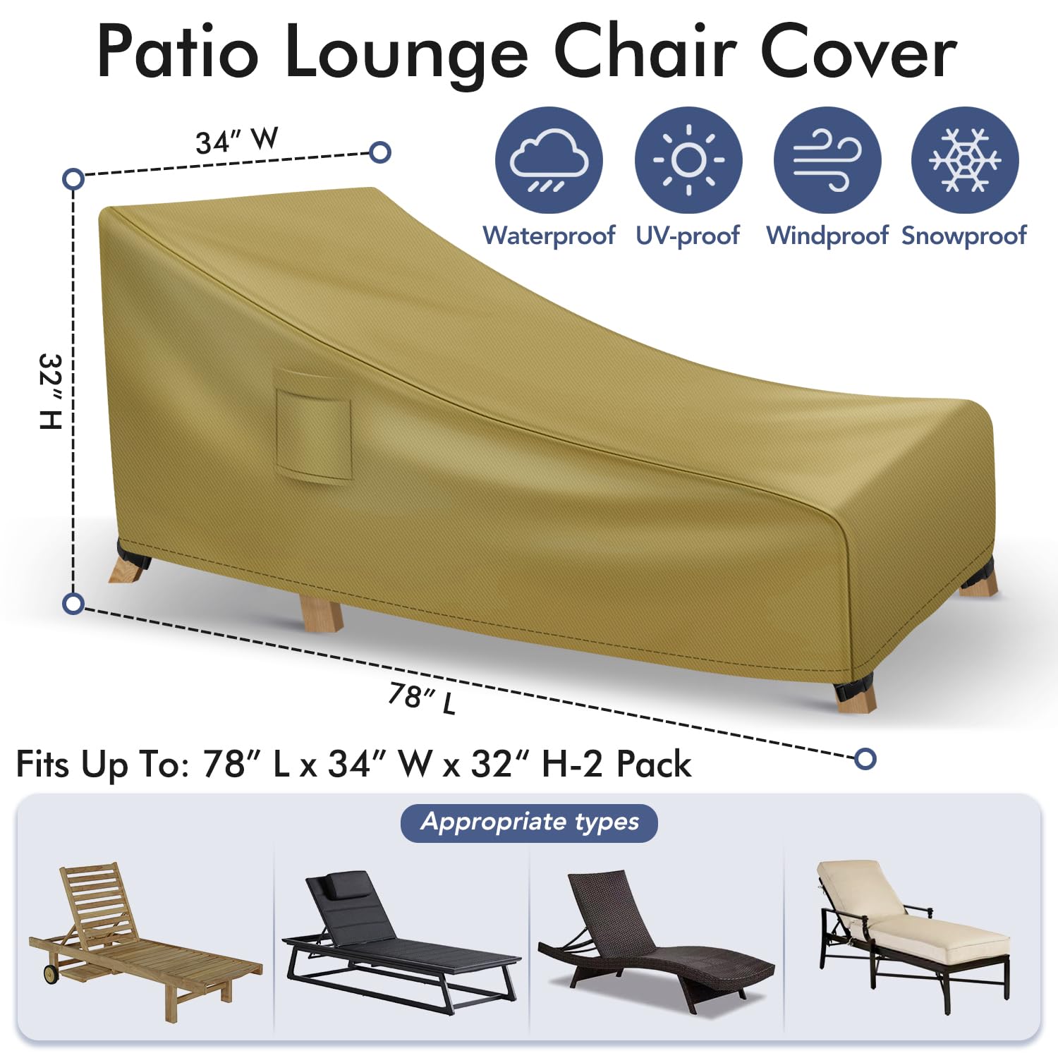 Richwon Chaise Lounge Covers Outdoor Waterproof, Heavy Duty Patio Furniture Covers, Outdoor Furniture Covers Pool Lounge Chair Cover Fits up to 78L x 34W x 32H inches, 2 Pack, Khaki