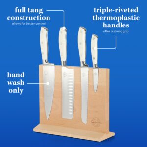 Sur La Table Kitchen Essentials 5 Piece German Steel Blade w/Triple Riveted Handle Set on Beechwood Magnetic Block - Linen White