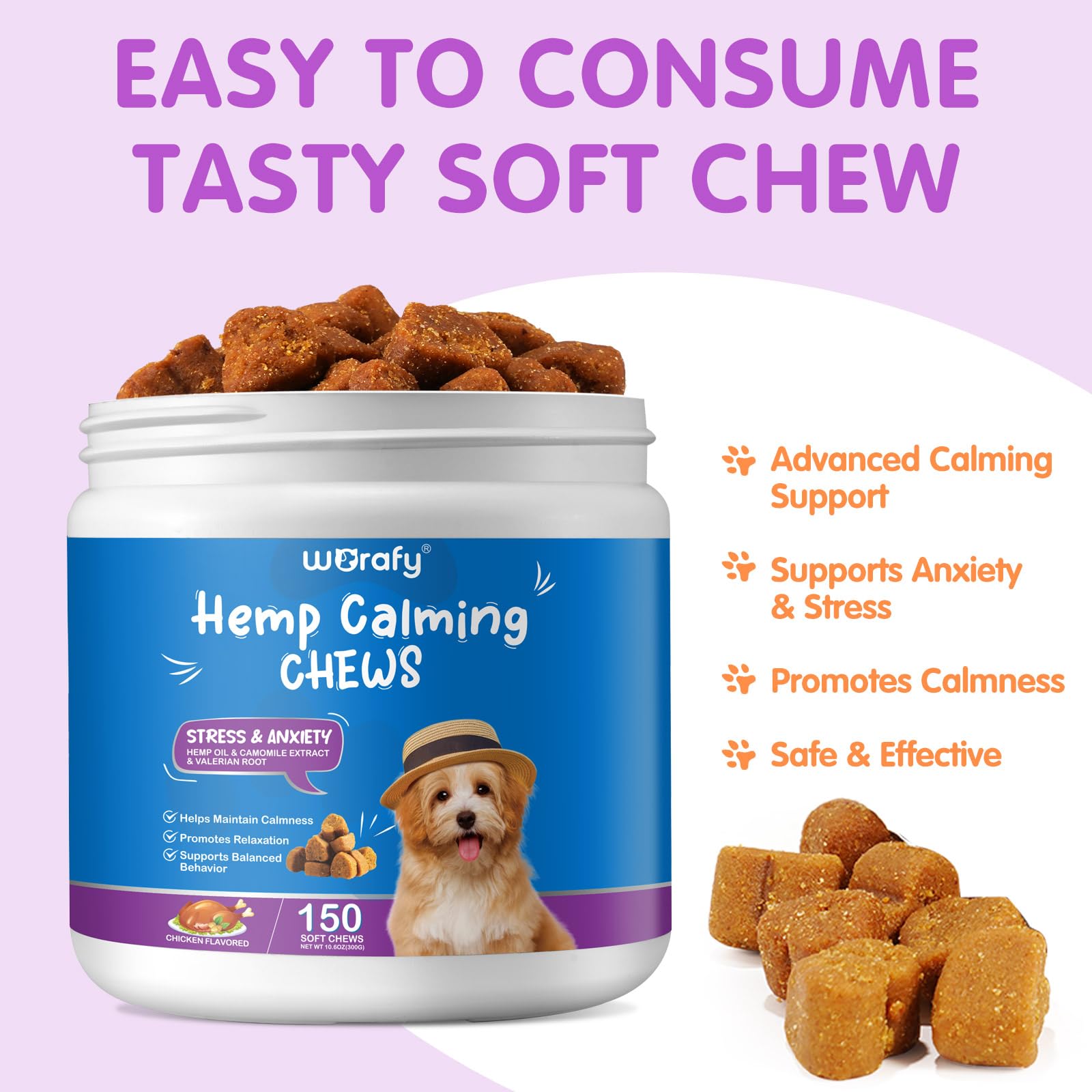 Hemp Calming Chews for Dogs, 150 Soft Dog Calming Treats, Dog Calming Treats with Hemp Oil, Dog Anxiety Relief, Storms, Separation, Barking, Stress Relief for All Breeds & Sizes - Chicken Flavored