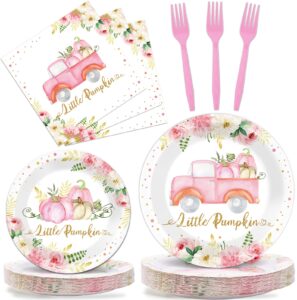 thankgiving pink little pumpkin paper plates napkins pink pumpkin baby shower birthday decorations girl tableware a little pumpkin is on her way disposable plates party supplies 24 guest