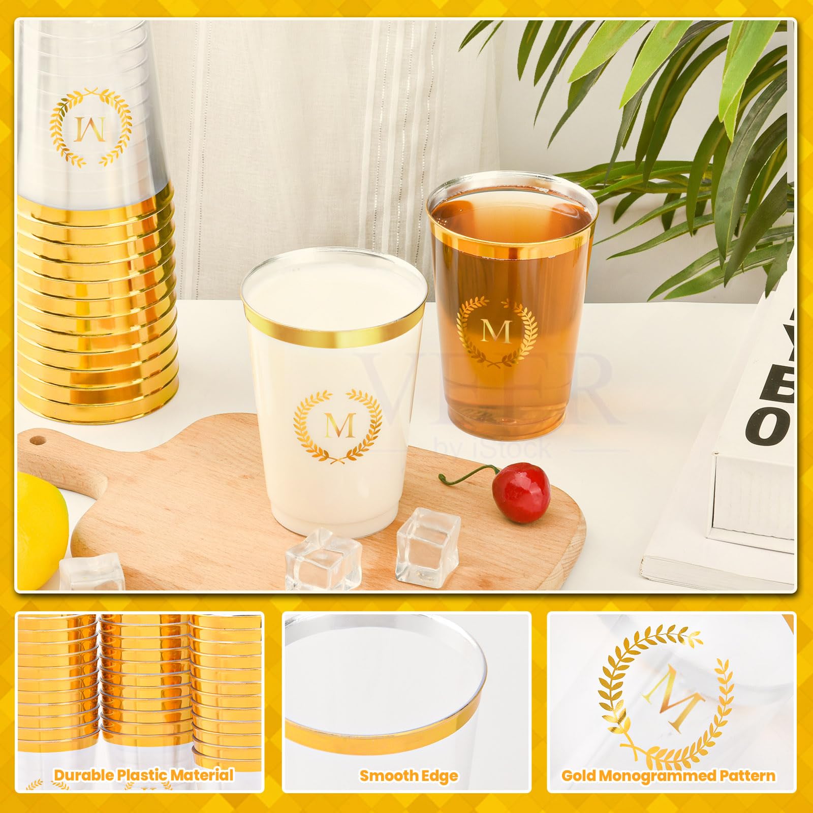 Datyiiha 100 Pieces Monogrammed Plastic Cups Gold Foil Letter M Disposable Cups 12 oz Clear Initial Party Cups for Wedding Birthday Baby Shower Personalized Party Drinkware