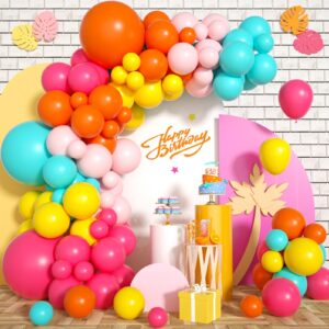 pink yellow orange balloon arch, pink and orange balloon arch with pink yellow orange blue latex balloons, pink yellow orange balloons for girls birthday fiesta baby shower party decorations