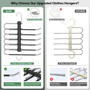 DOIOWN Pants Hangers Space Saving: 2 Pack 6 Tier Open Ended Pants Hangers for Men Women, Non Slip Black Hangers for Pants, Jean, Trouser, Scarf, Multiple Hangers in One, Closet Organizers and Storage