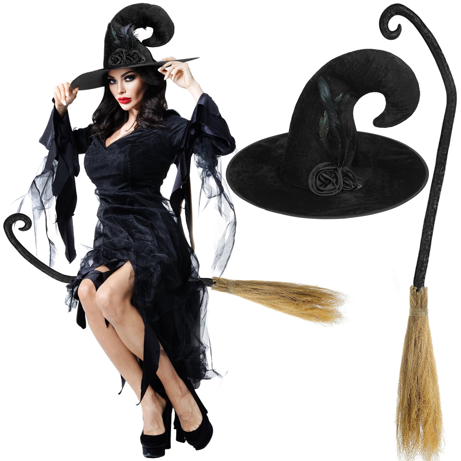 Hercicy 2 Pack Halloween Witch Broom Hat Set Witch Cosplay Black Witch Hat with Flower Feather and Broom Costume Witch Costume Accessories Witch Hat Broom Props for Halloween Costume Party Supplies