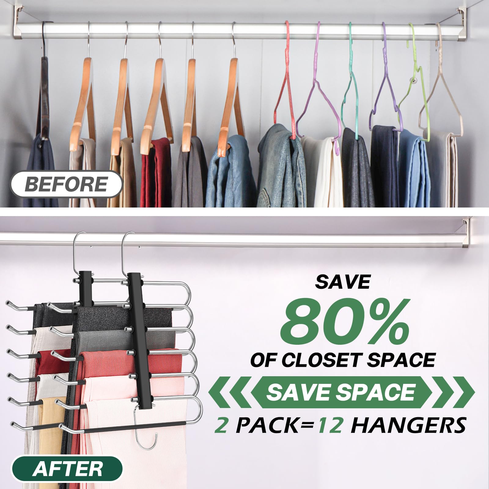 DOIOWN Pants Hangers Space Saving: 2 Pack 6 Tier Open Ended Pants Hangers for Men Women, Non Slip Black Hangers for Pants, Jean, Trouser, Scarf, Multiple Hangers in One, Closet Organizers and Storage