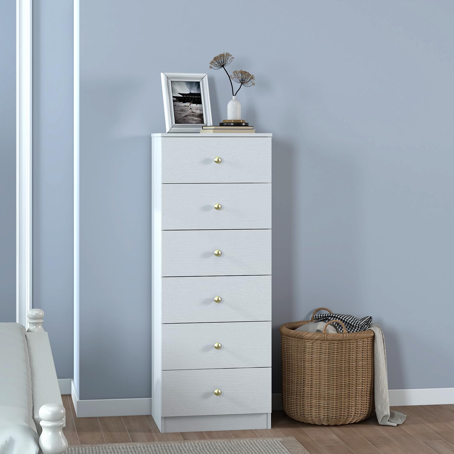 Modern 6 Drawer Vertical Dresser, Wood Tall Chest of Drawers N Arrow Storage Organizer with Wide Drawers & Metal Gold Handles for Bedroom, Living Room, Office, Hallway, Entryway (White)