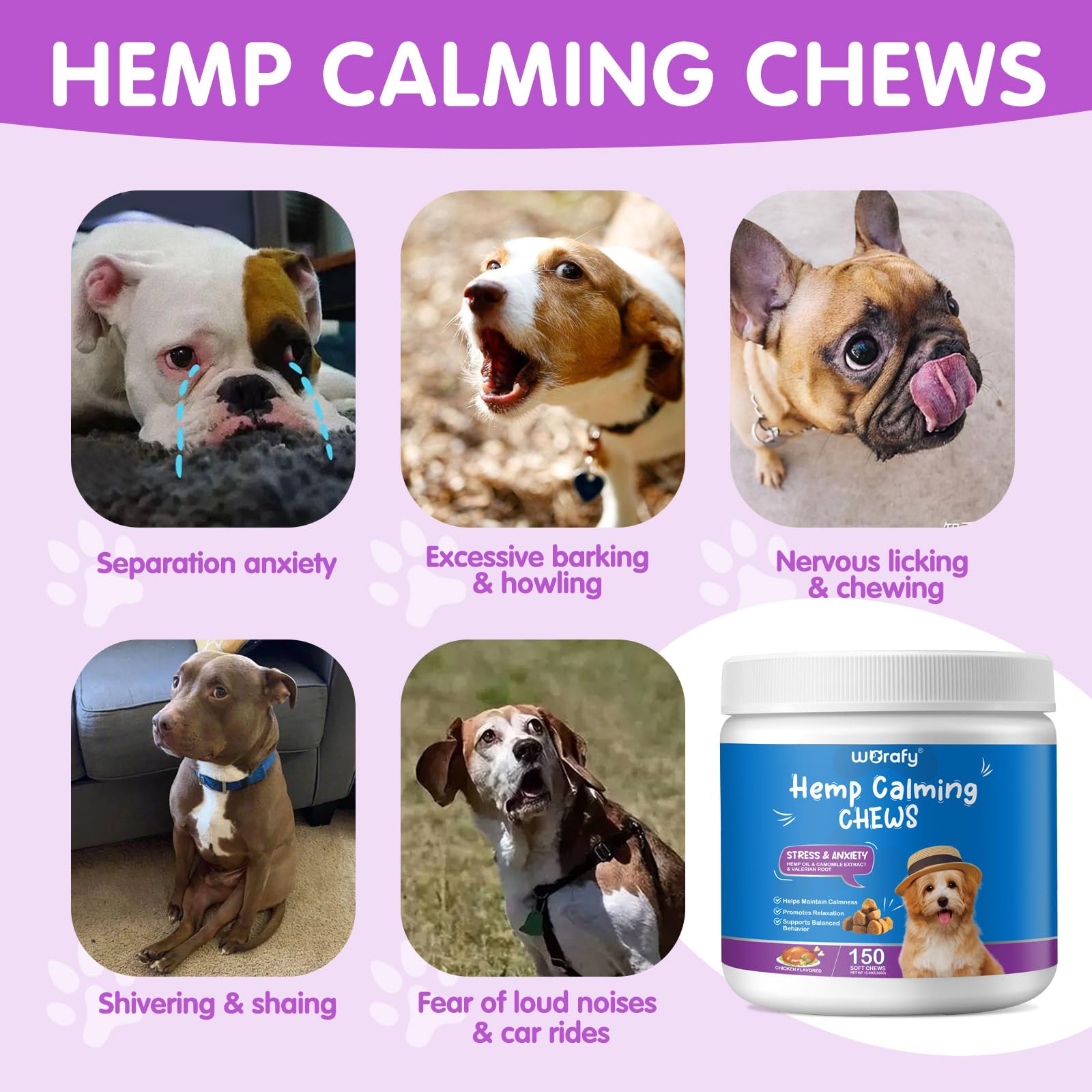 Hemp Calming Chews for Dogs, 150 Soft Dog Calming Treats, Dog Calming Treats with Hemp Oil, Dog Anxiety Relief, Storms, Separation, Barking, Stress Relief for All Breeds & Sizes - Chicken Flavored