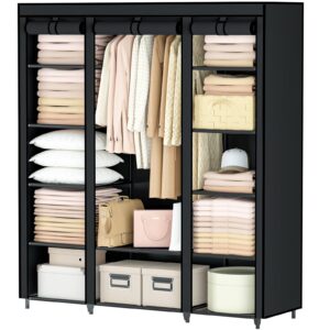 baleine wardrobe closet, portable closet dresser for bedroom, clothes storage organizer with 12 compartments 55" x 16" x 65", non-woven fabric storage closet for bedroom and dorm (black)