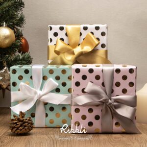 Ribbli Birthday Wrapping Paper Polka Dots Gift Wrap for Baby Shower Roll, 3 Rolls Pink White Blue Dots Pattern with Gold Foil - 17 inch x 120 inch(10feet) Per Roll