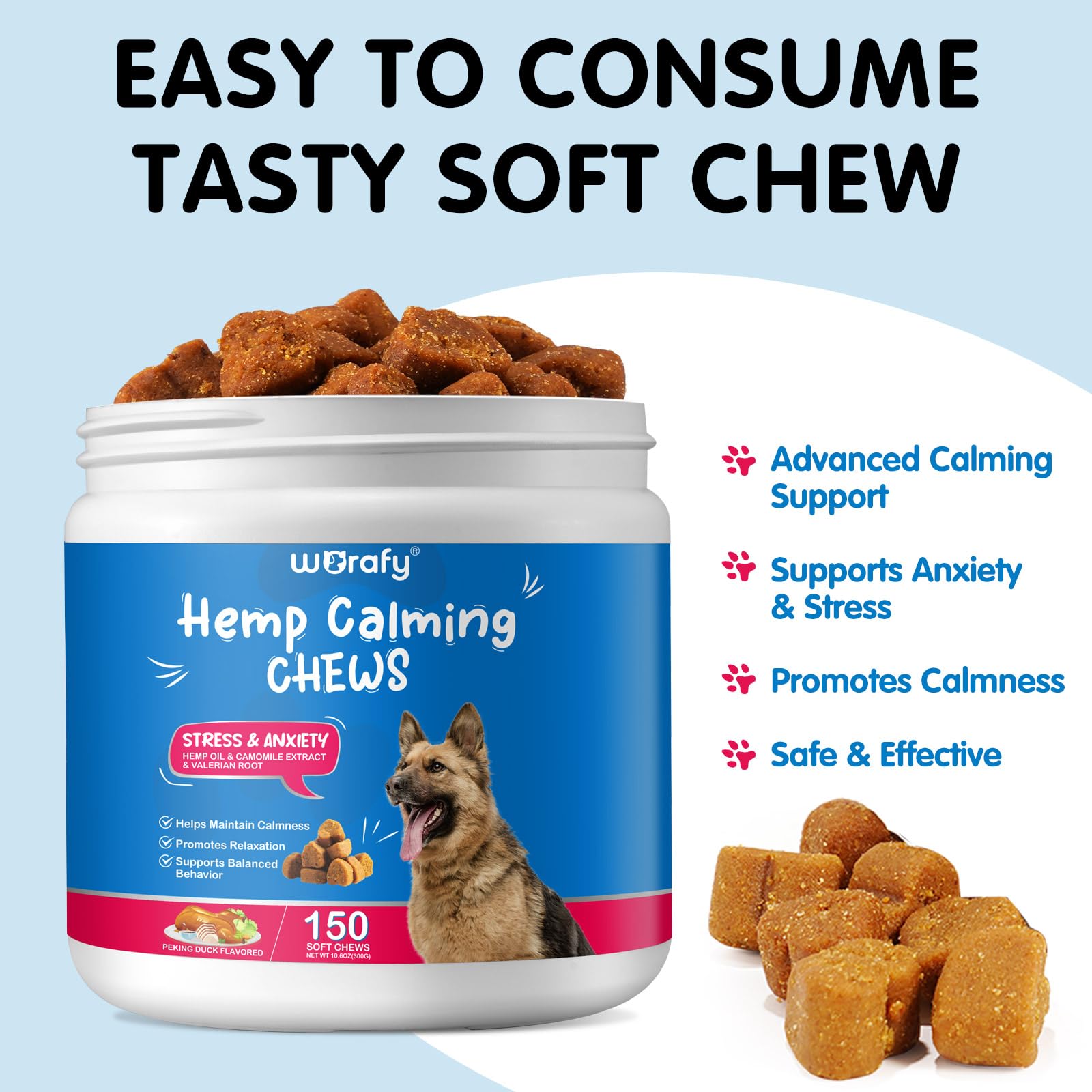 Hemp Calming Chews for Dogs, 150 Soft Dog Calming Treats, Dog Calming Treats with Hemp Oil, Dog Anxiety Relief, Separation, Barking, Stress Relief for Dog - Peking Duck Flavored