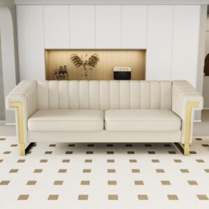 moxoq chesterfield velvet sofa for living room with gold metal legs, 83.86" mid-century modern luxury sofa for bedroom apartment office (beige)