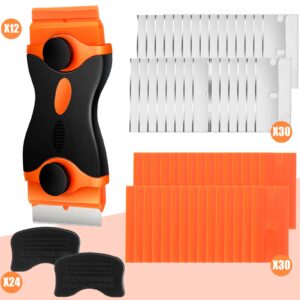 WILLBOND 72 Pcs Double Razor Blade Scraper Tool Set 12 Pcs 2 in 1 Razor Scraper Remover 60 Pcs Metal and Plastic Blades for Decal, Sticker, Label, Caulk Adhesive, Paint Stovetop, Subfloor (Orange)