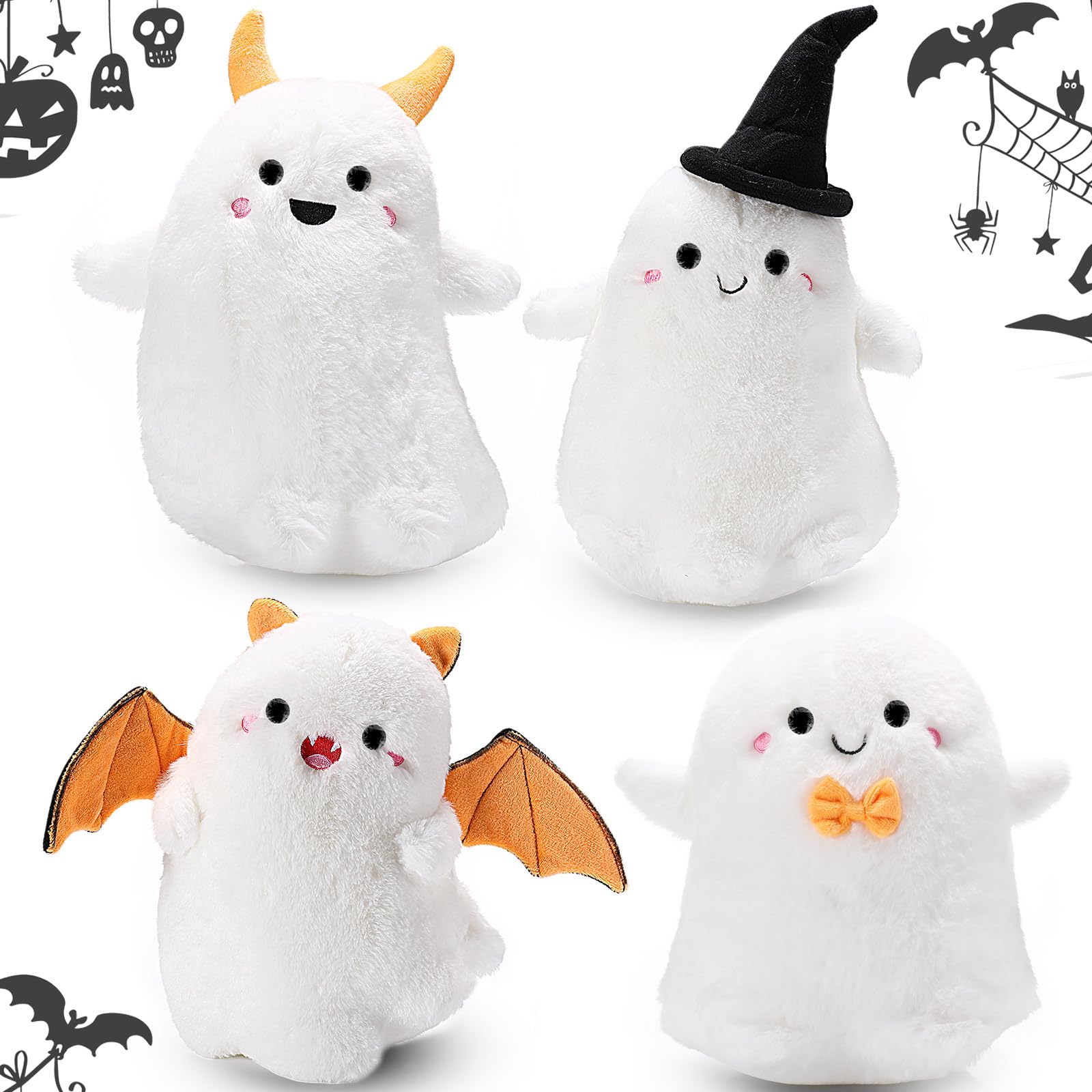 Liliful 4 Pcs Halloween Stuffed Animal Plush Toys Bulk 8 Inch Ghost Stuffed Animals Cute Spooky Dolls Halloween Plushies Pillow for Halloween Christmas Birthday Party Favors Decoration Gift Bag Filler