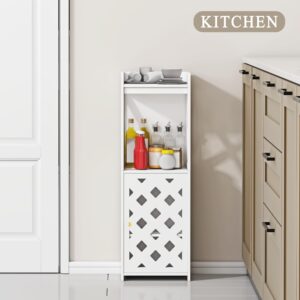 BYFU Bathroom Storage Cabinet, White Bathroom Floor Cabinet Freestanding Organizer with Door and Open Shelf for Kitchen Living Room Narrow Space