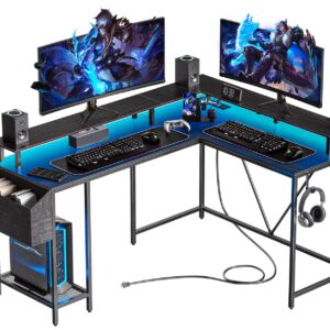 Eivanet 53inch L Shaped Desk,L Shaped Gaming Desk with Power Outlets & LED Lights, Computer Desk with Monitor Stand & Storage Bag, Home Office Desk Corner Desk with Hooks, Easy to Assemble, Black