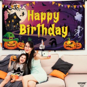 KatchOn, Happy Birthday Halloween Banner - XtraLarge, 72x44 Inch | Purple Halloween Birthday Banner for Halloween Birthday Party Decorations | Halloween Backdrop, Halloween Birthday Party Backdrop