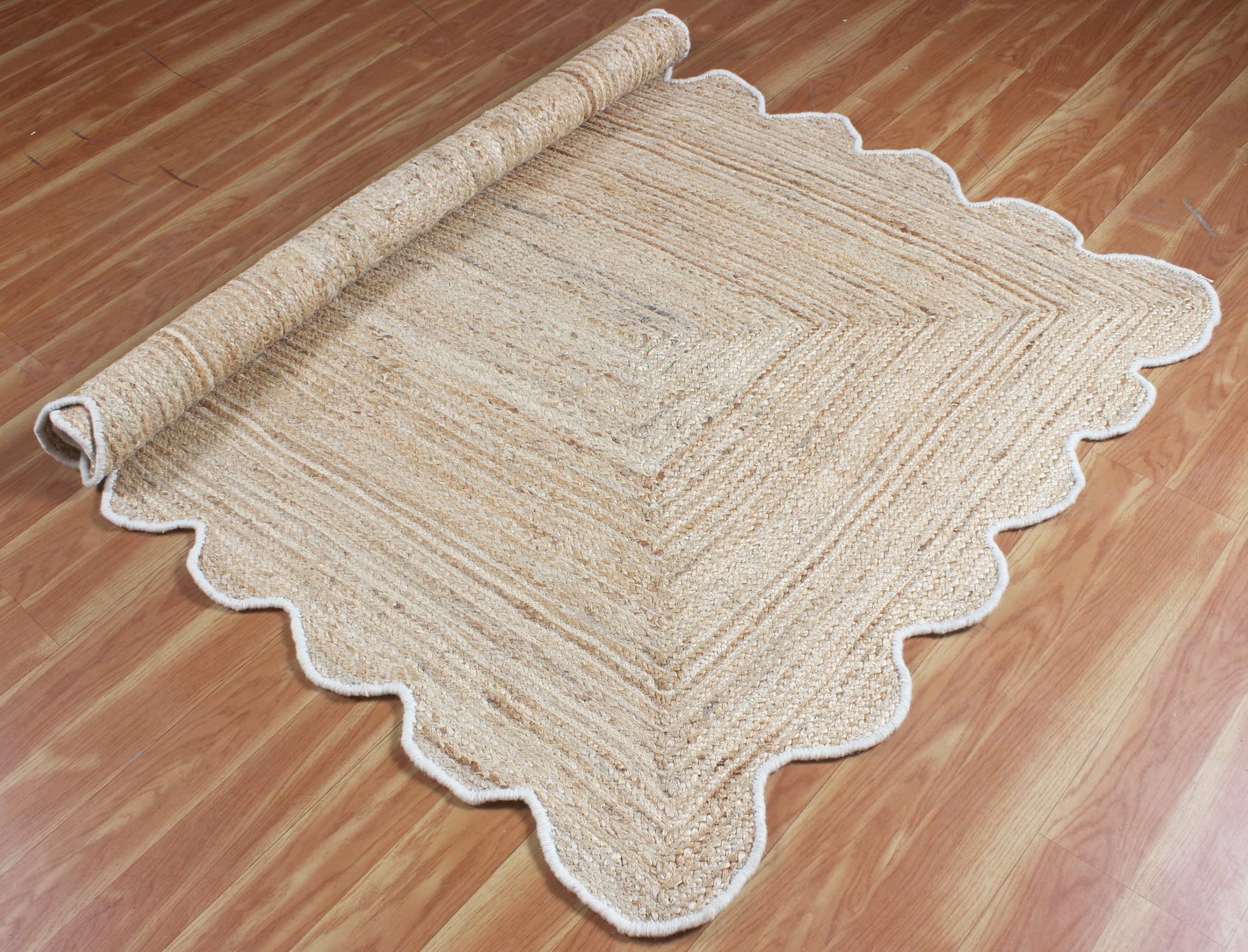 CASAVANI Scalloped Collection Rectangular Area Rug - 4' x 8', Beige Scallop Geometric Jute Rug Ideal for High Traffic Areas in Dining Room, Living Room, Bedroom